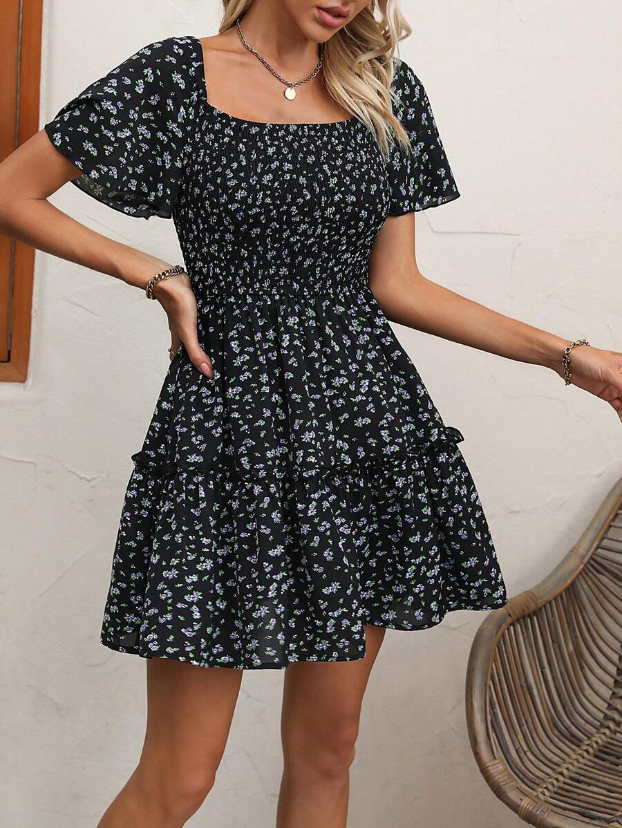 Breezaya Ditsy Floral Print Scoop Neck Ruffle Hem Dress Vacation Beach Outfits Women | SHEIN USA