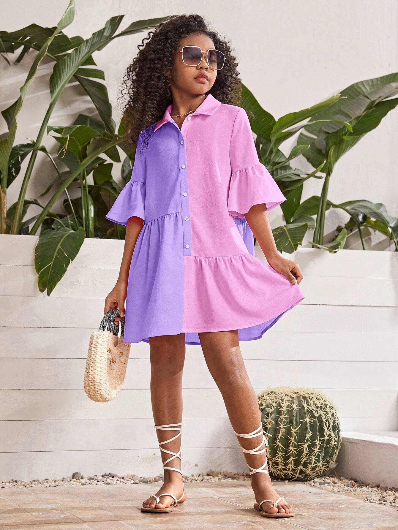 SHEIN Tween Girl Two Tone Flounce Sleeve Ruffle Hem Smock Dress | SHEIN UK