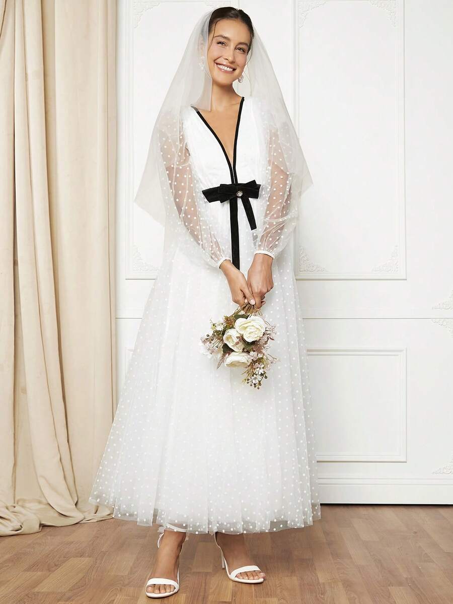 SHEIN Belle Contrast Binding Bow Front Mesh Overlay Wedding Dress ...