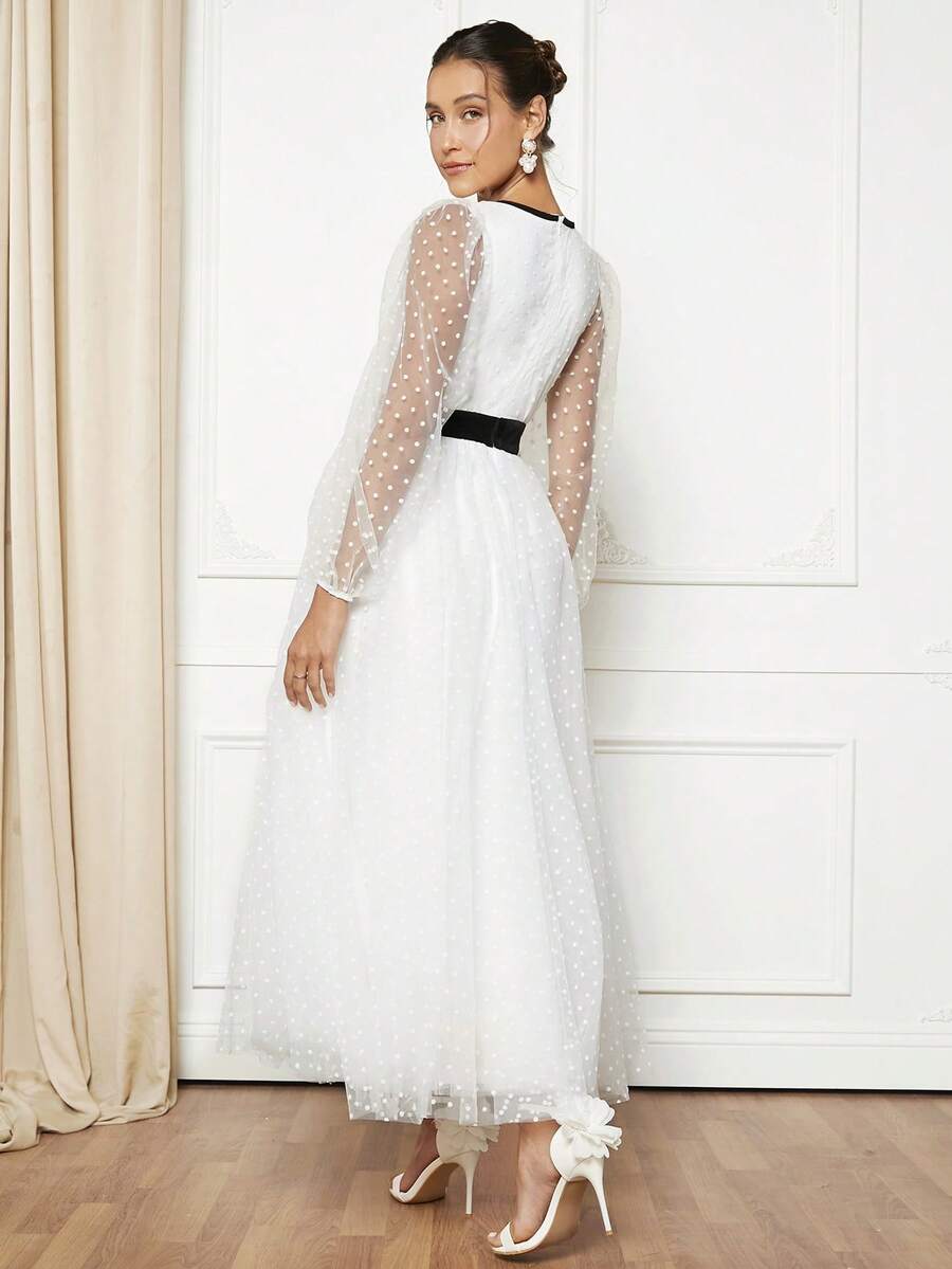 SHEIN Belle Contrast Binding Bow Front Mesh Overlay Wedding Dress ...