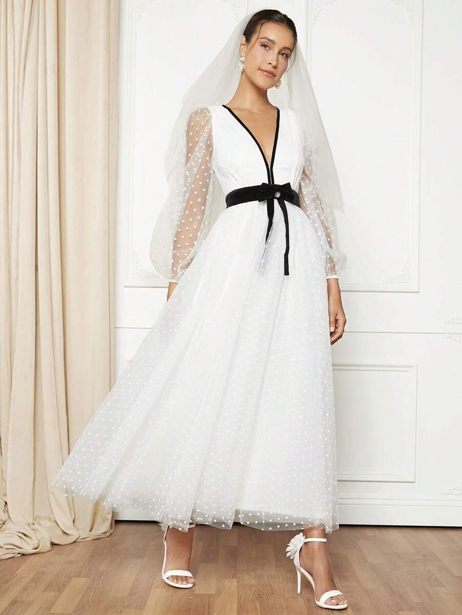 SHEIN Belle Contrast Binding Bow Front Mesh Overlay Wedding Dress ...