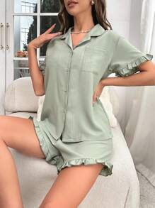 Ruffle Trim Pocket Patched PJ Set | SHEIN USA