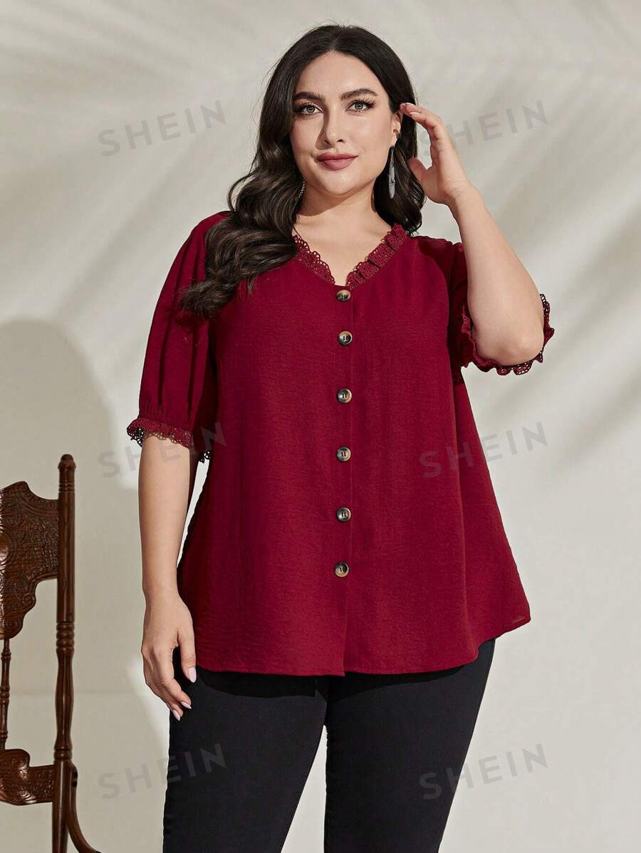 SHEIN Mulvari Talla grande Blusa con botón delantero de manga farol | Moda de Mujer | SHEIN México