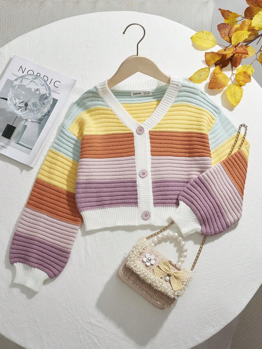 SHEIN Tween Girls' Long Sleeve V Neck Rainbow Colorblock Cardigan ...