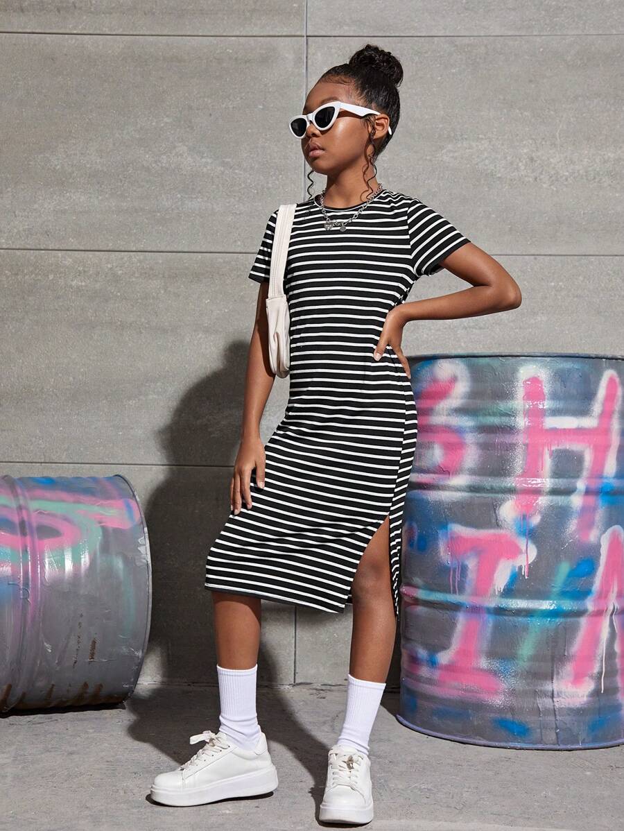 SHEIN Tween Girl Striped Split Hem Dress | SHEIN USA