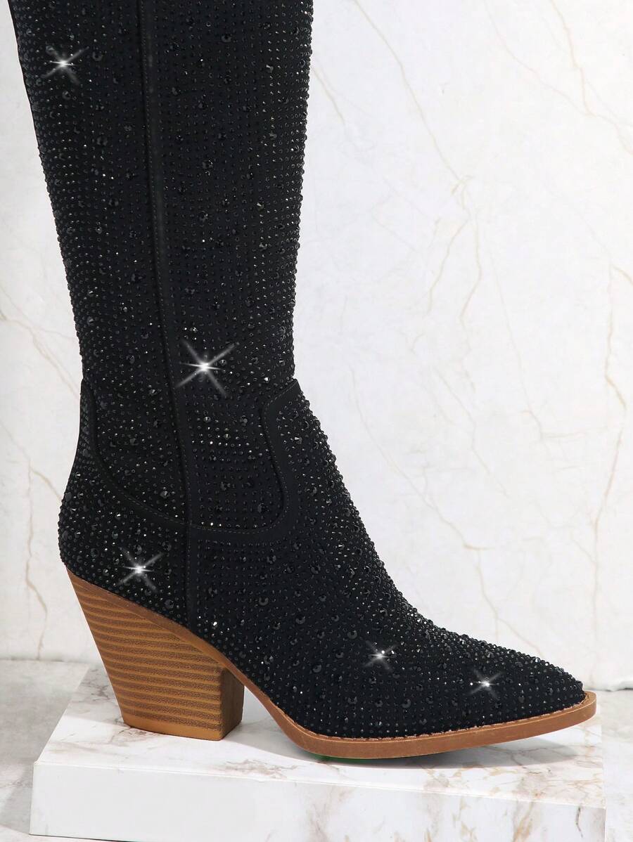 SHEIN SHUZIA Women's Sparkling Rhinestone Snip Toe Block Heel OTK Black ...