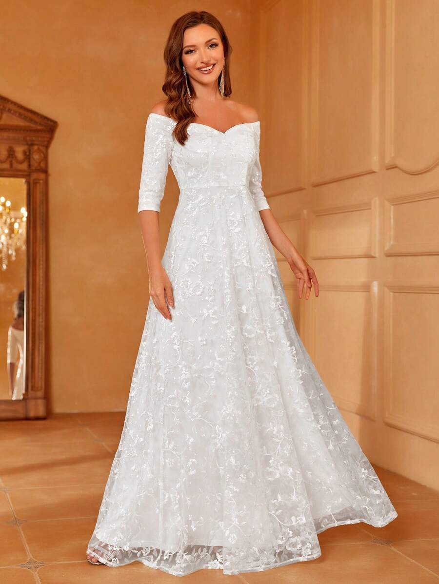 Off Shoulder Lace Maxi Wedding Dress | SHEIN USA
