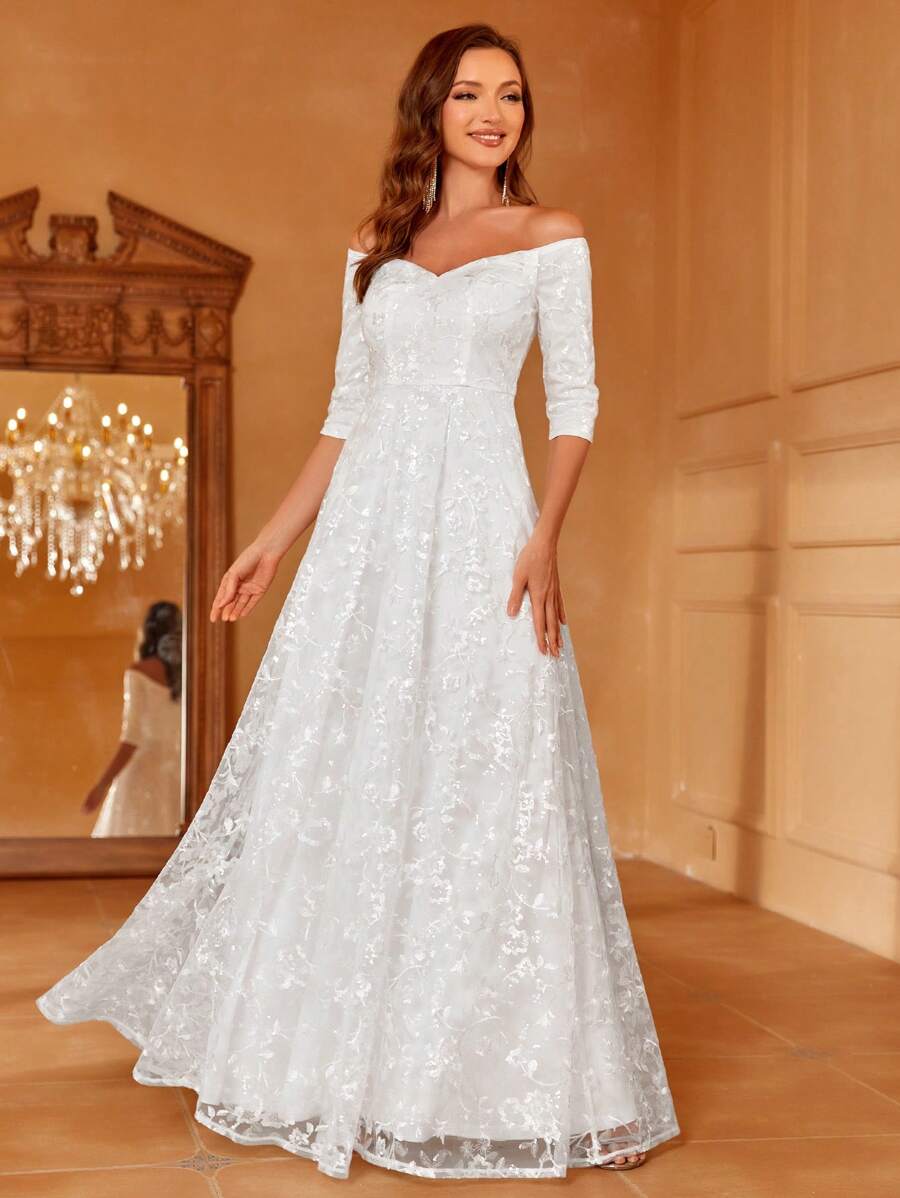 Off Shoulder Lace Maxi Wedding Dress | SHEIN USA