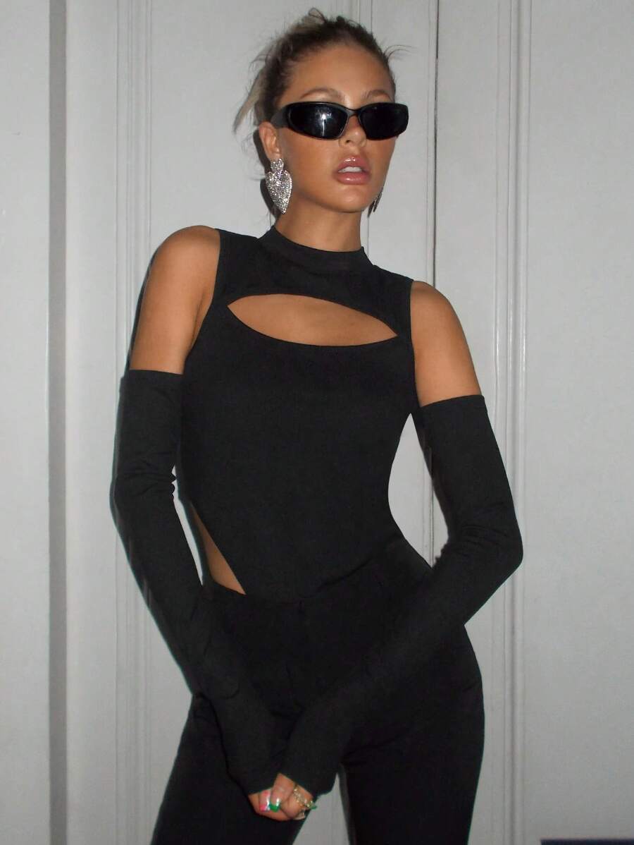 SHEIN ICON Cut Out Cold Shoulder High Cut Black Bodysuit | SHEIN UK