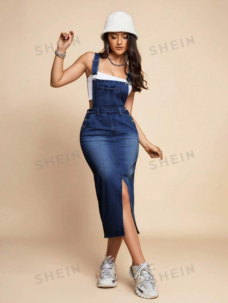 SHEIN Split Thigh Denim Overall Dress Without Tube Top | SHEIN USA