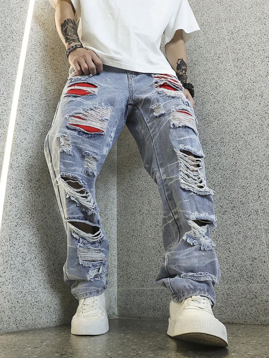 Manfinity EMRG Men Ripped Frayed Straight Leg Jeans Baggy Long Jean ...