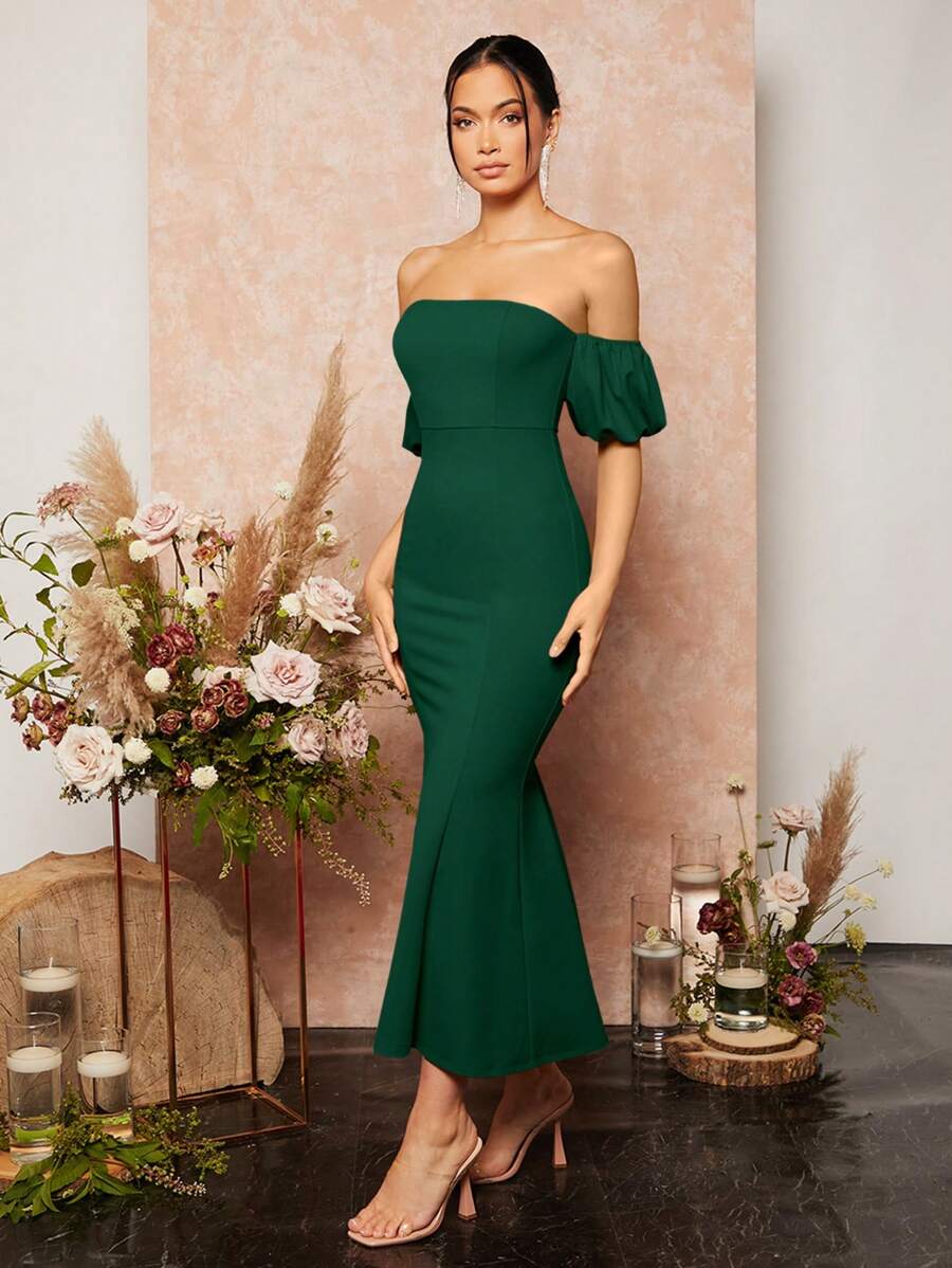 SHEIN Belle Off Shoulder Puff Sleeve Mermaid Hem Bridesmaid Dress, Elegant Formal Evening Prom ...