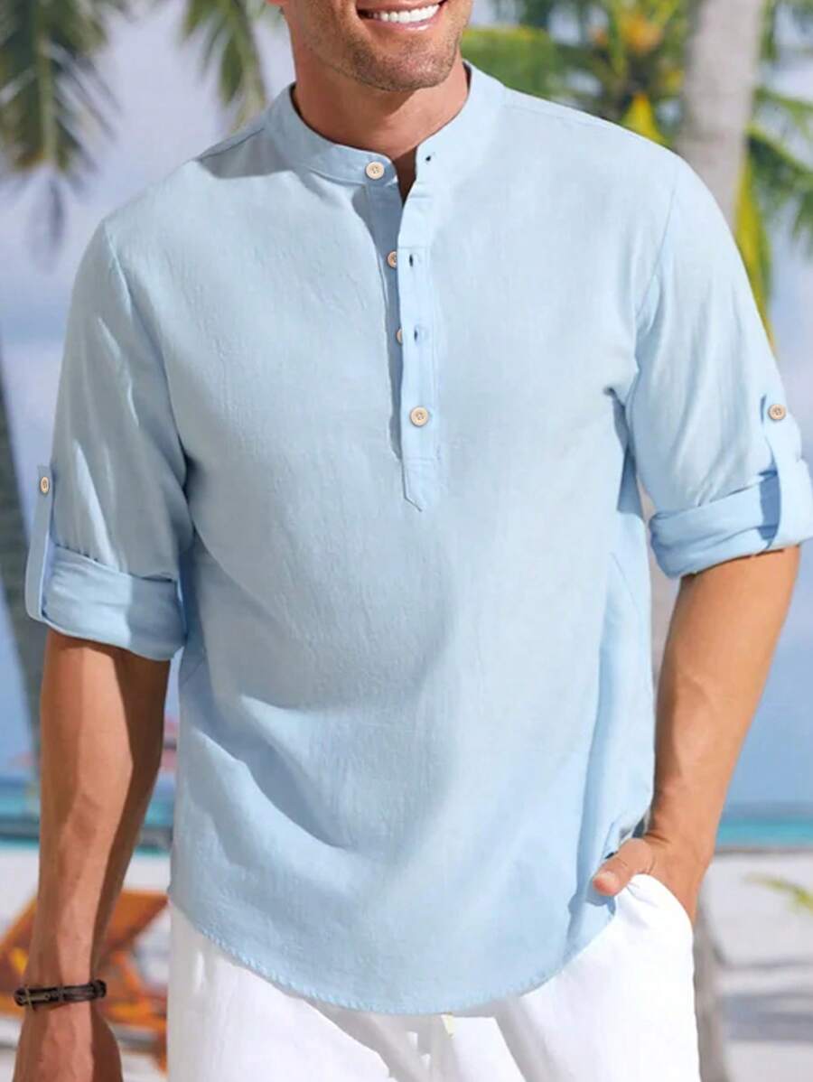 Men Half Button Roll Up Sleeve Half Button Shirt | SHEIN USA