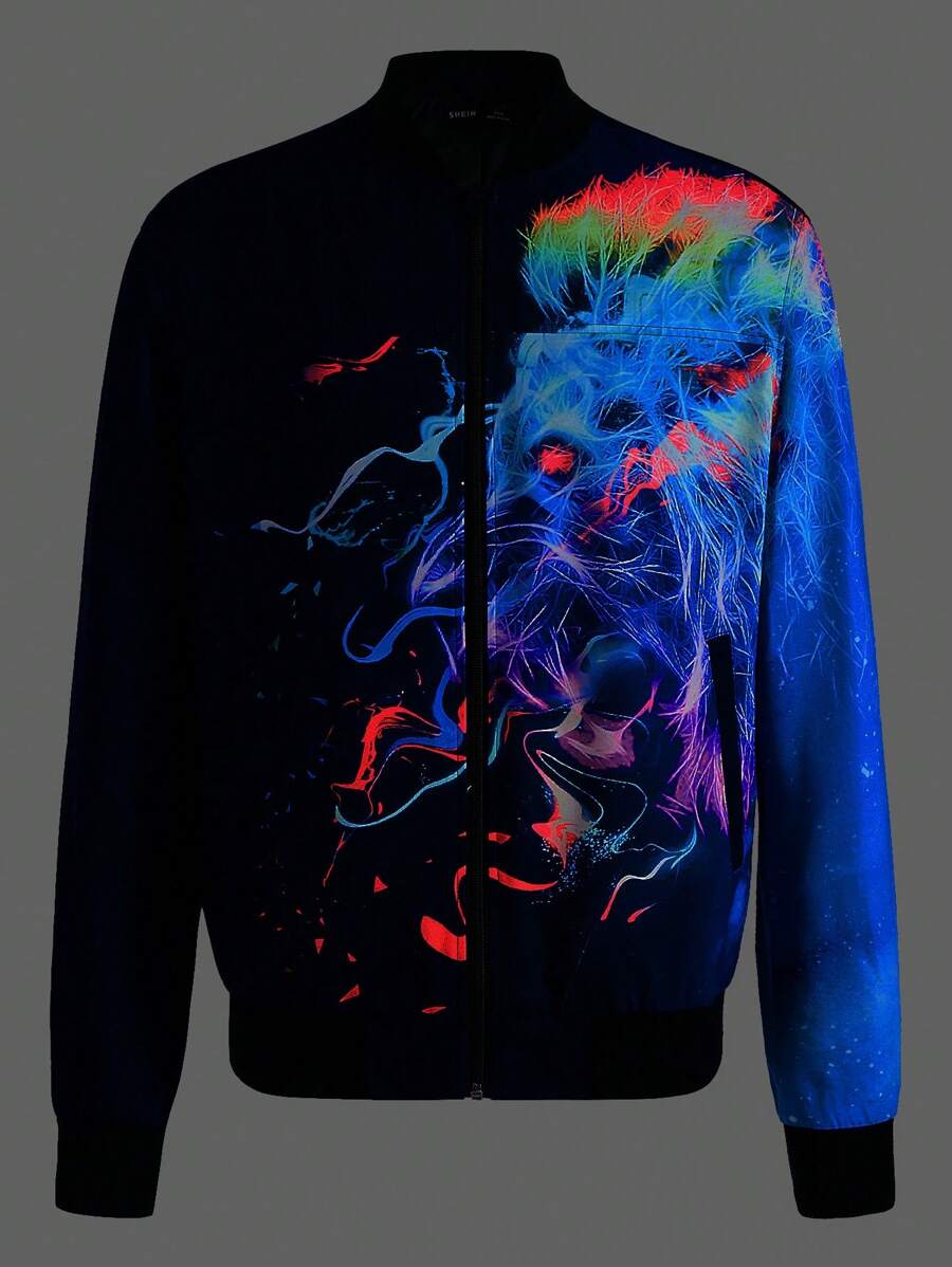 Manfinity ModaGents Oversized Men's Reflective Lion Print Zip Up Bomber ...
