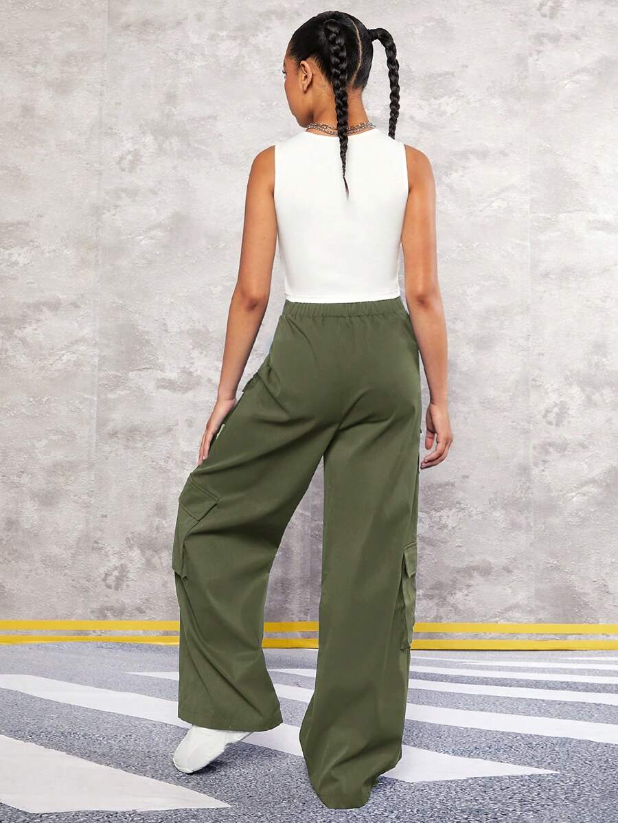 SHEIN Teen Girl Solid Tank Top & Flap Pocket Side Cargo Pants | SHEIN USA
