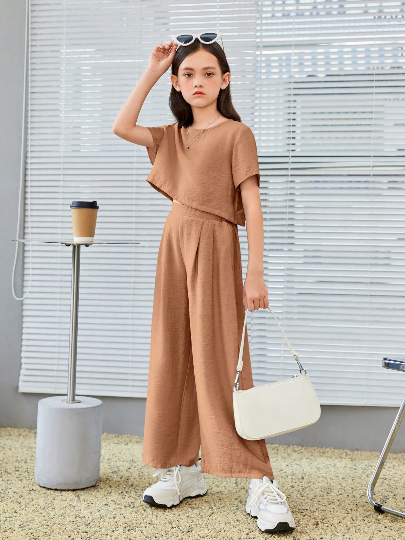 SHEIN Kids KDOMO Conjuntos Niñas (8-12) Botón Bolsillo Pliegues Liso ...