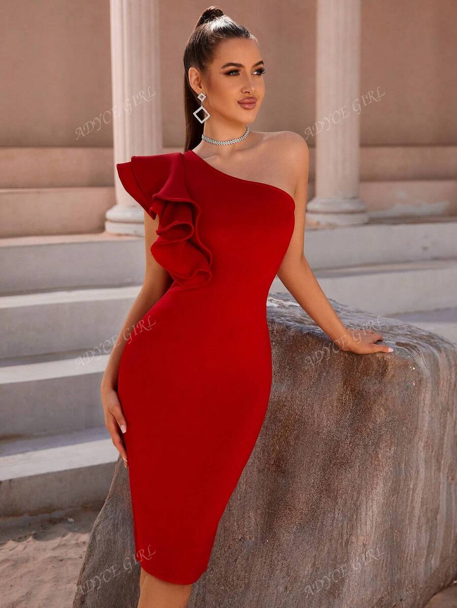 ADYCE One Shoulder Exaggerated Ruffle Trim Split Back Cocktail Party Bandage Dress | SHEIN USA
