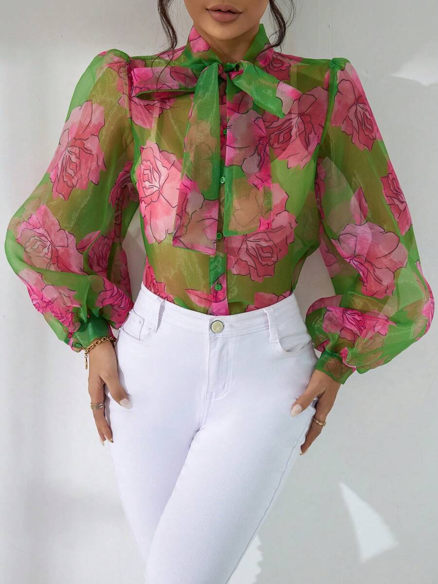 EMERY ROSE Floral Print Tie Neck Puff Sleeve Organza Blouse Without Bra ...