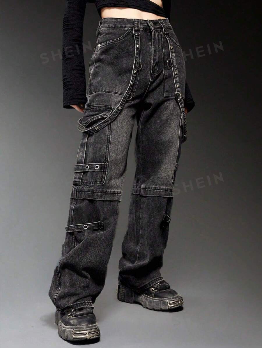ROMWE Grunge Punk Solid Strap Detail Cargo Jeans | SHEIN UK