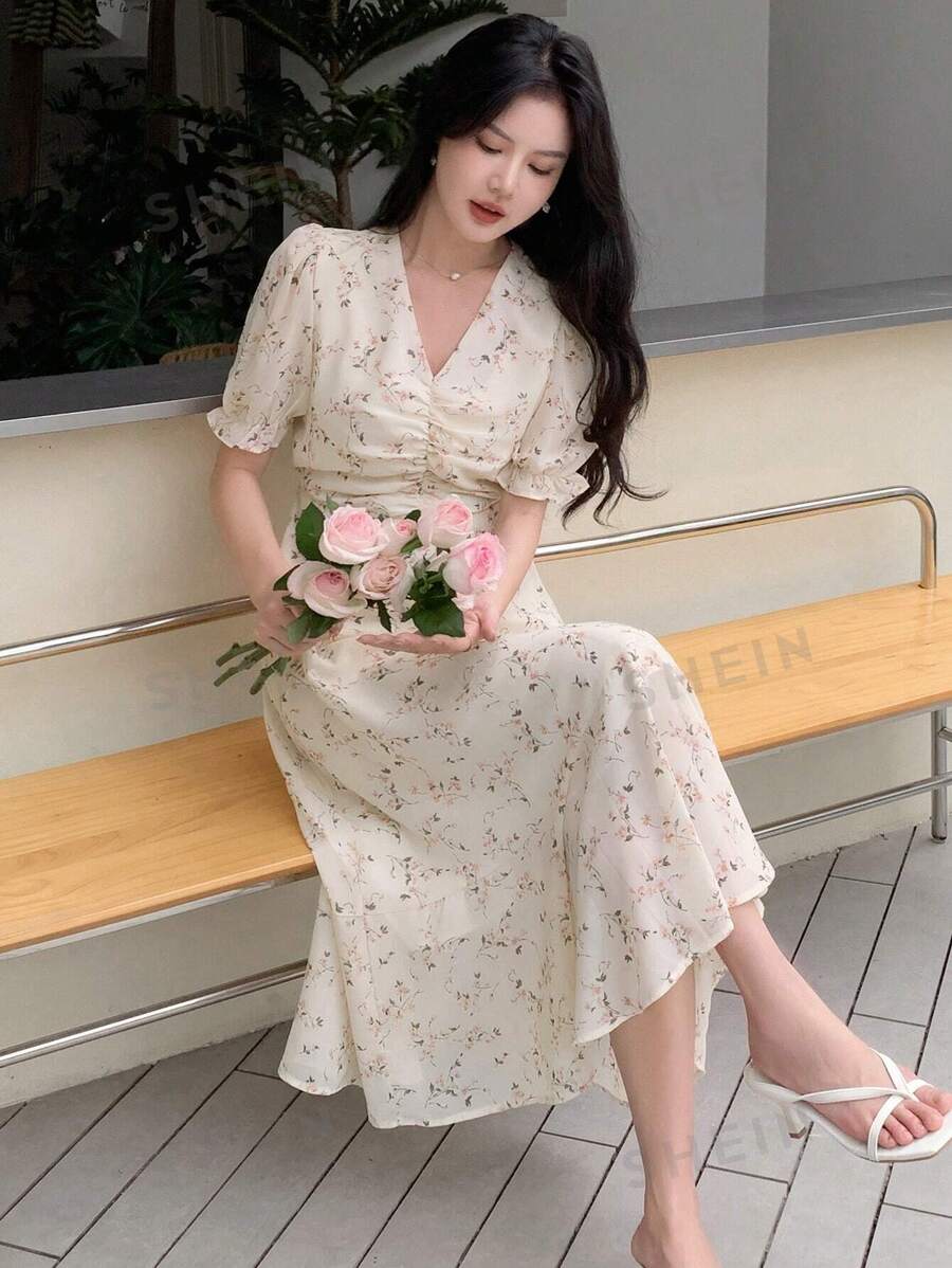 DAZY Vestido Con Estampado Floral Pequeño, Fruncido Al Frente Y ...