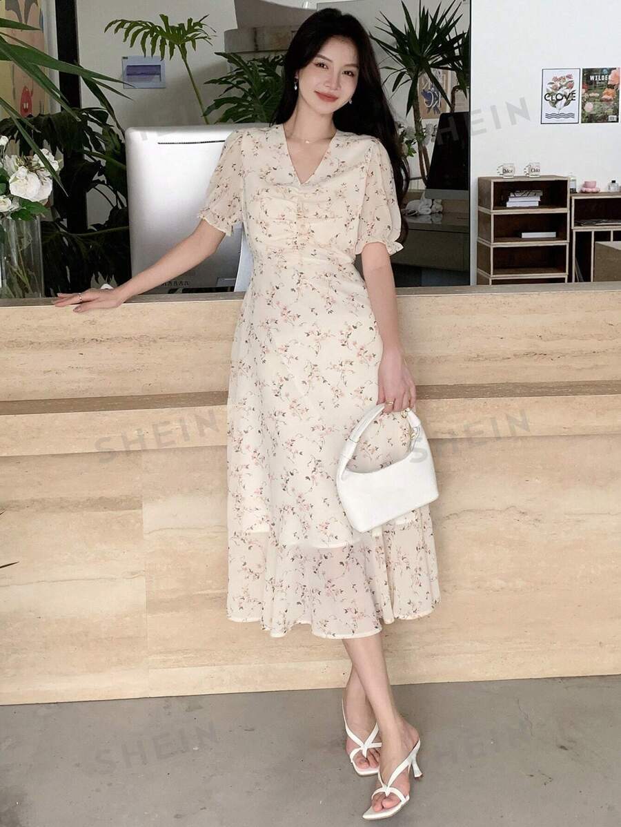 DAZY Vestido Con Estampado Floral Pequeño, Fruncido Al Frente Y ...