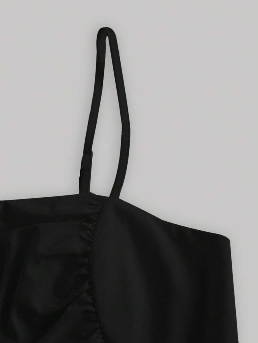 Shein Mod Solid Ruched Cami Black Long Dress Shein Usa