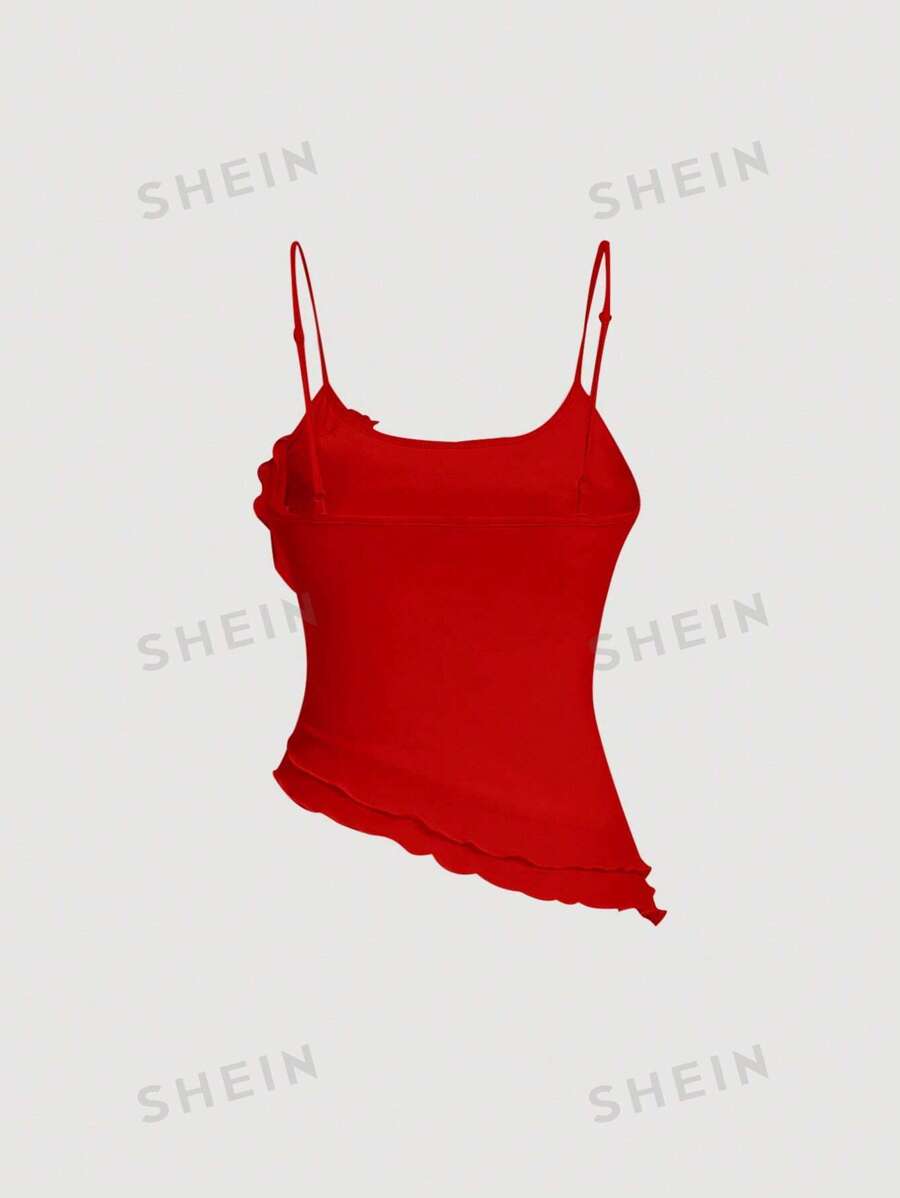 SHEIN MOD Summer Floral Romantic Red Lettuce Trim Asymmetrical Hem Cami ...