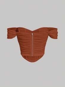 SHEIN MOD Off Shoulder Ruched Mesh Fish Bone Decoration Summer Top ...