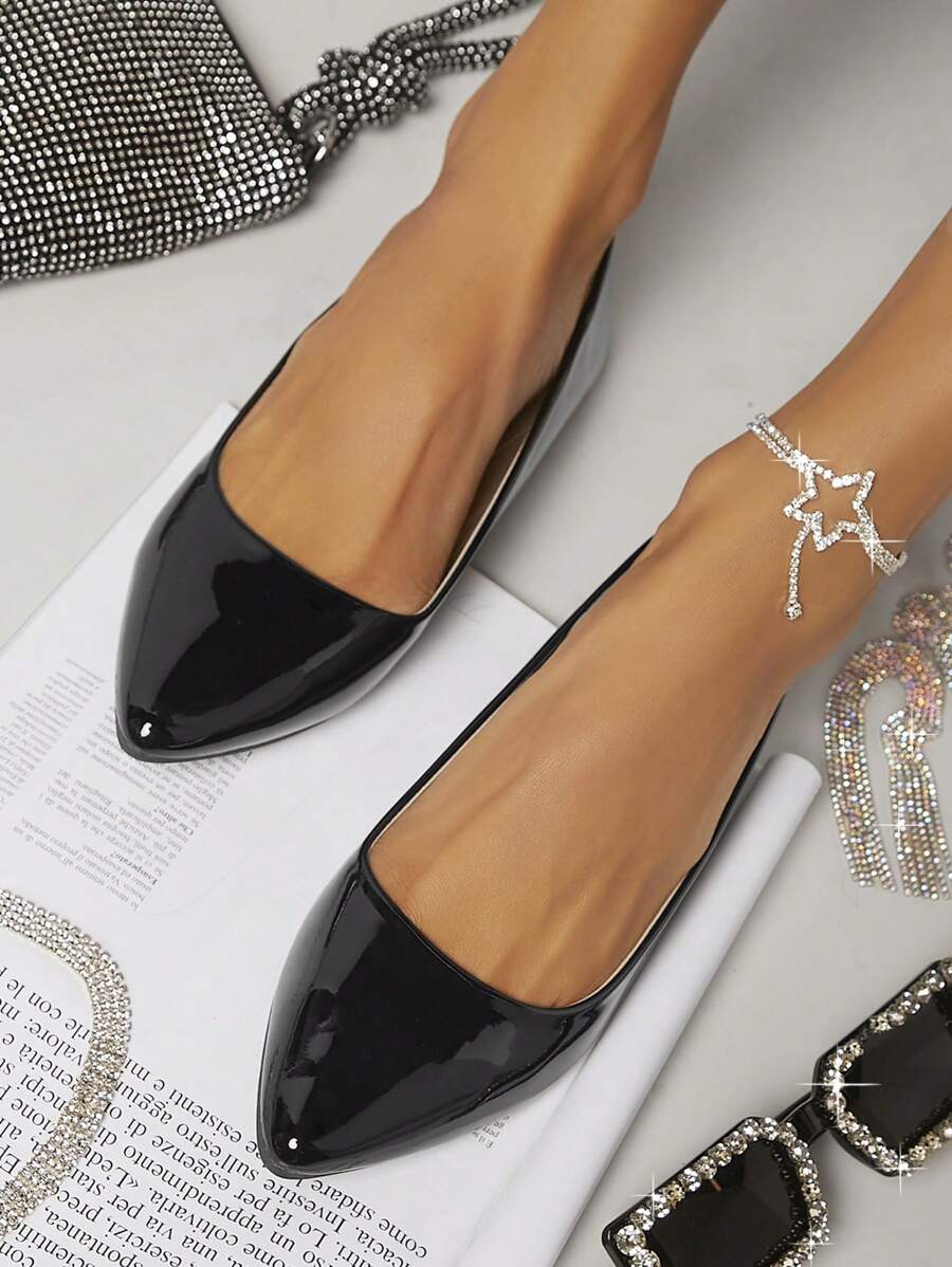 SHEIN SHUZIA Artificial Patent PU Closed Toe Ballet Flats Halloween ...