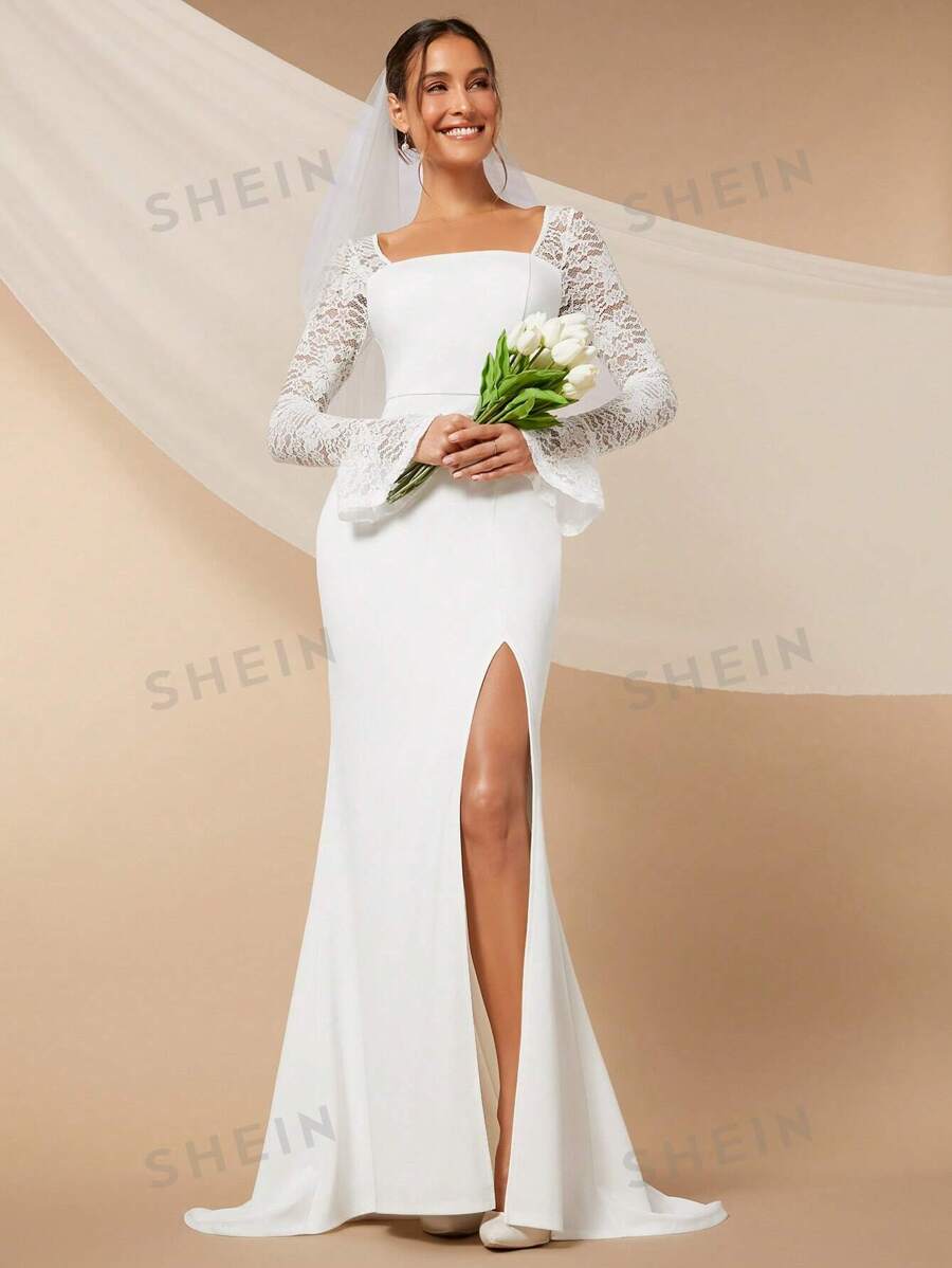 SHEIN Belle Contrast Lace Flounce Sleeve Split Thigh Wedding Dress ...