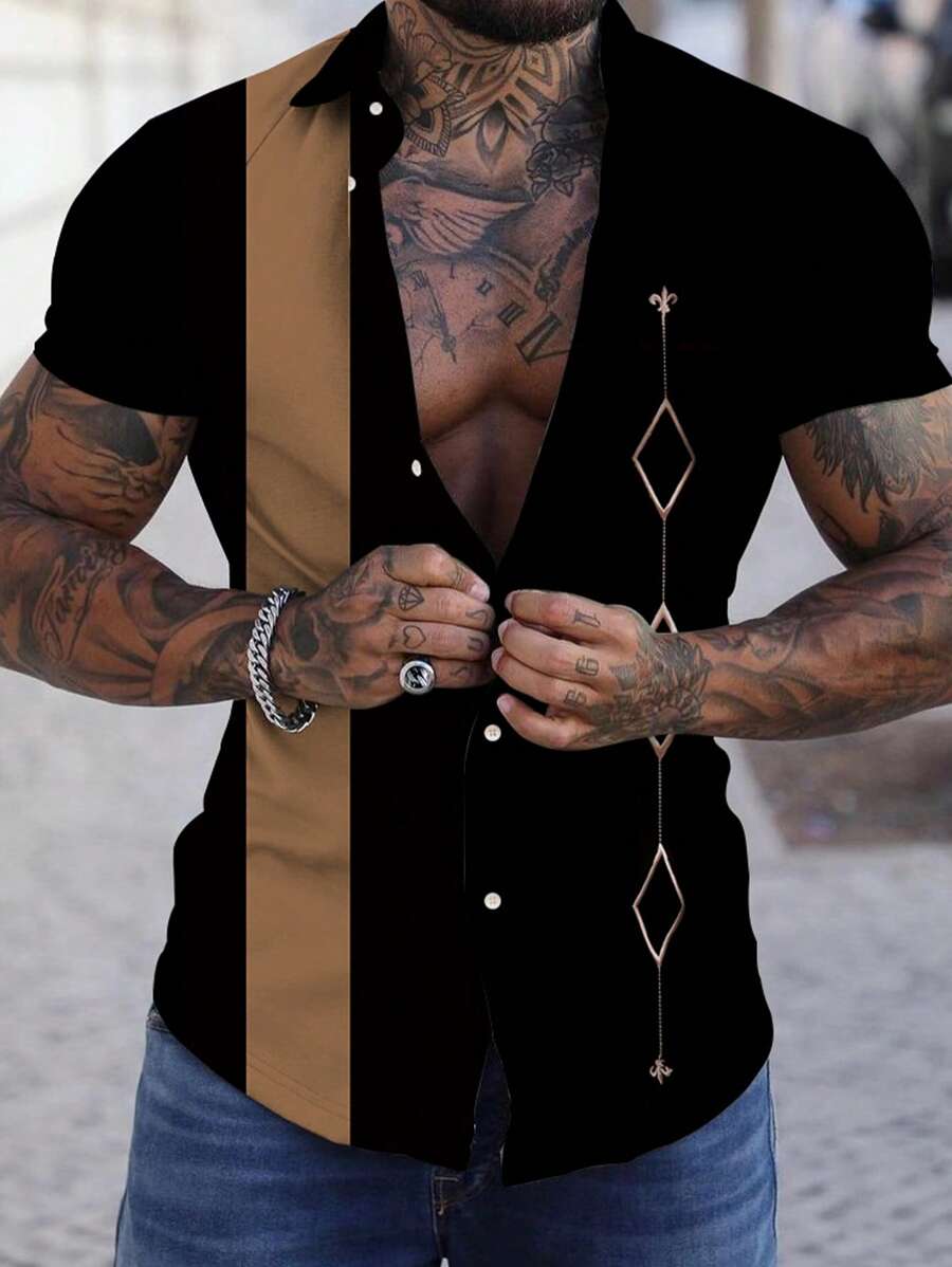 Manfinity Homme Men Colorblock Geo Graphic Button Up Shirt | SHEIN USA