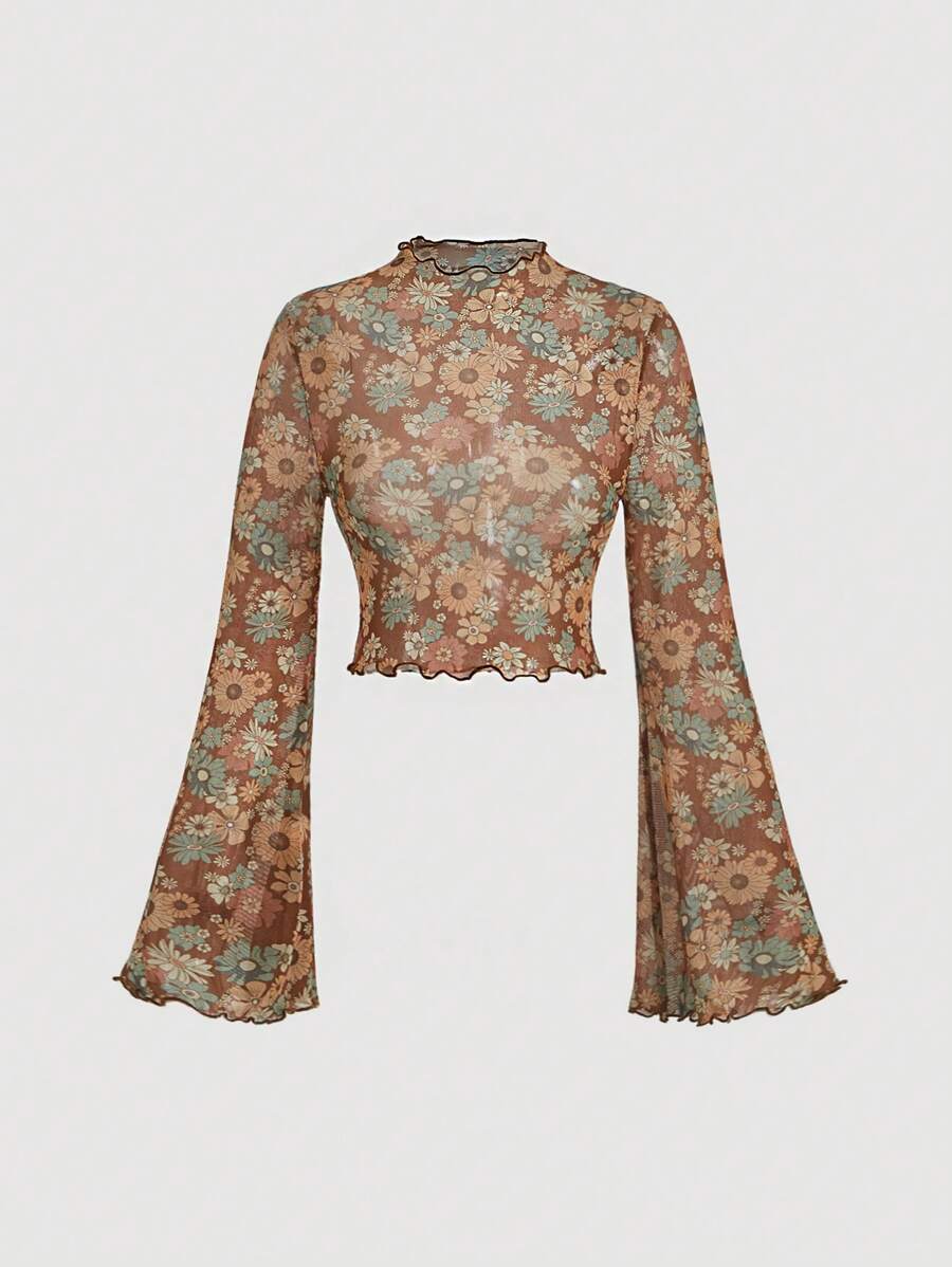 SHEIN MOD Floral Print Lettuce Trim Mesh Top | SHEIN USA