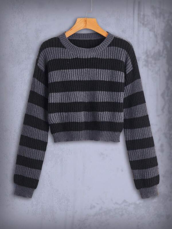 Goth Striped Drop Shoulder Sweater | SHEIN USA