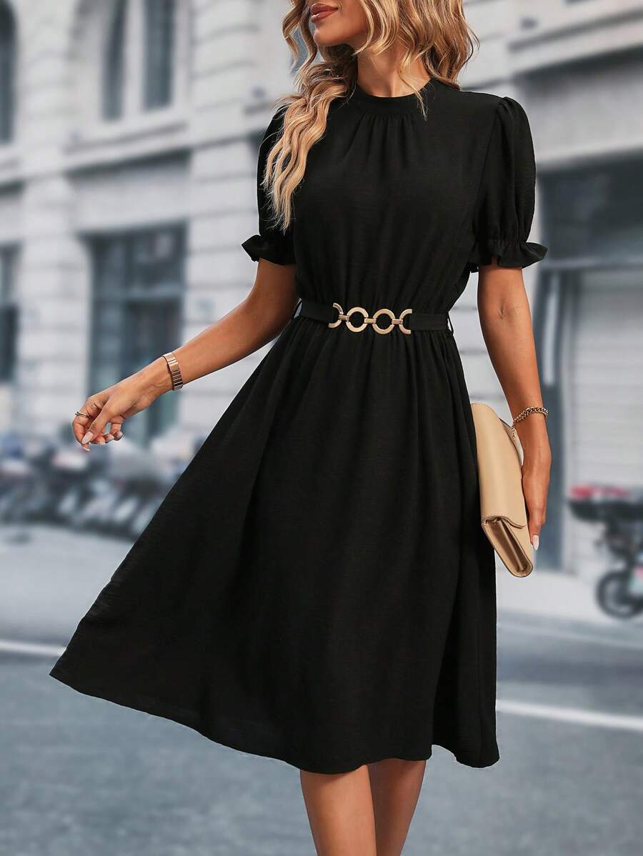 SHEIN Clasi Solid Puff Sleeve Belted A-Line Dress Maxi Women Outfit ...