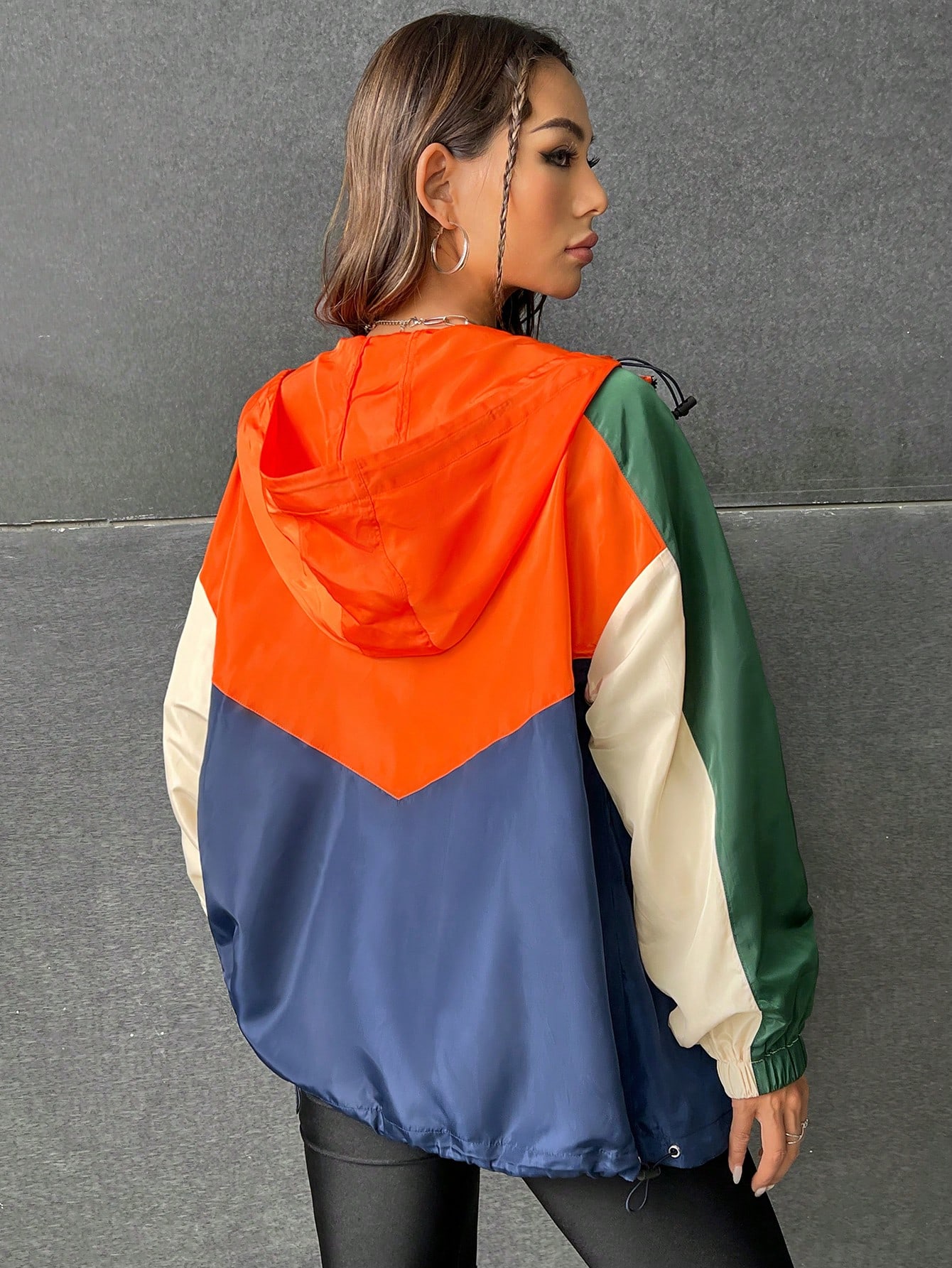 SHEIN EZwear Colorblock Raglan Sleeve Zip Up Hooded Windbreaker Jacket ...