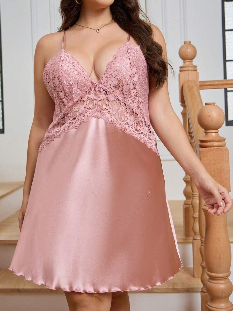 Plus Contrast Lace Lettuce Trim Satin Cami Nightdress Shein Usa