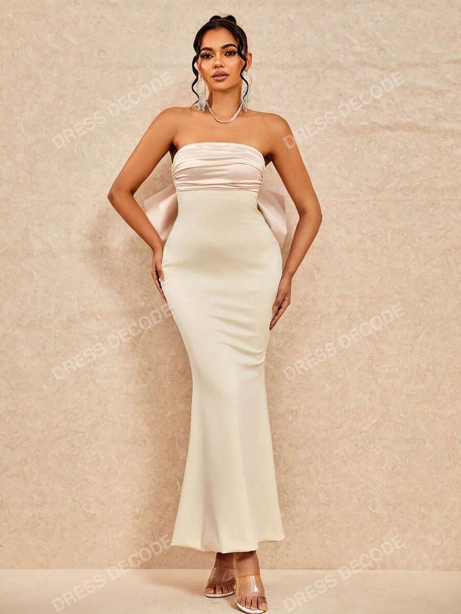 Solid Exaggerated Bow Back Tube Party Dress Elegant Formal Evening Prom ...