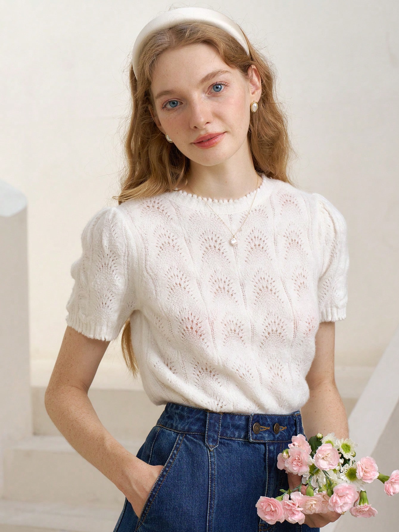 Simple Retro Solid Puff Sleeve Pointelle Knit Top | SHEIN USA