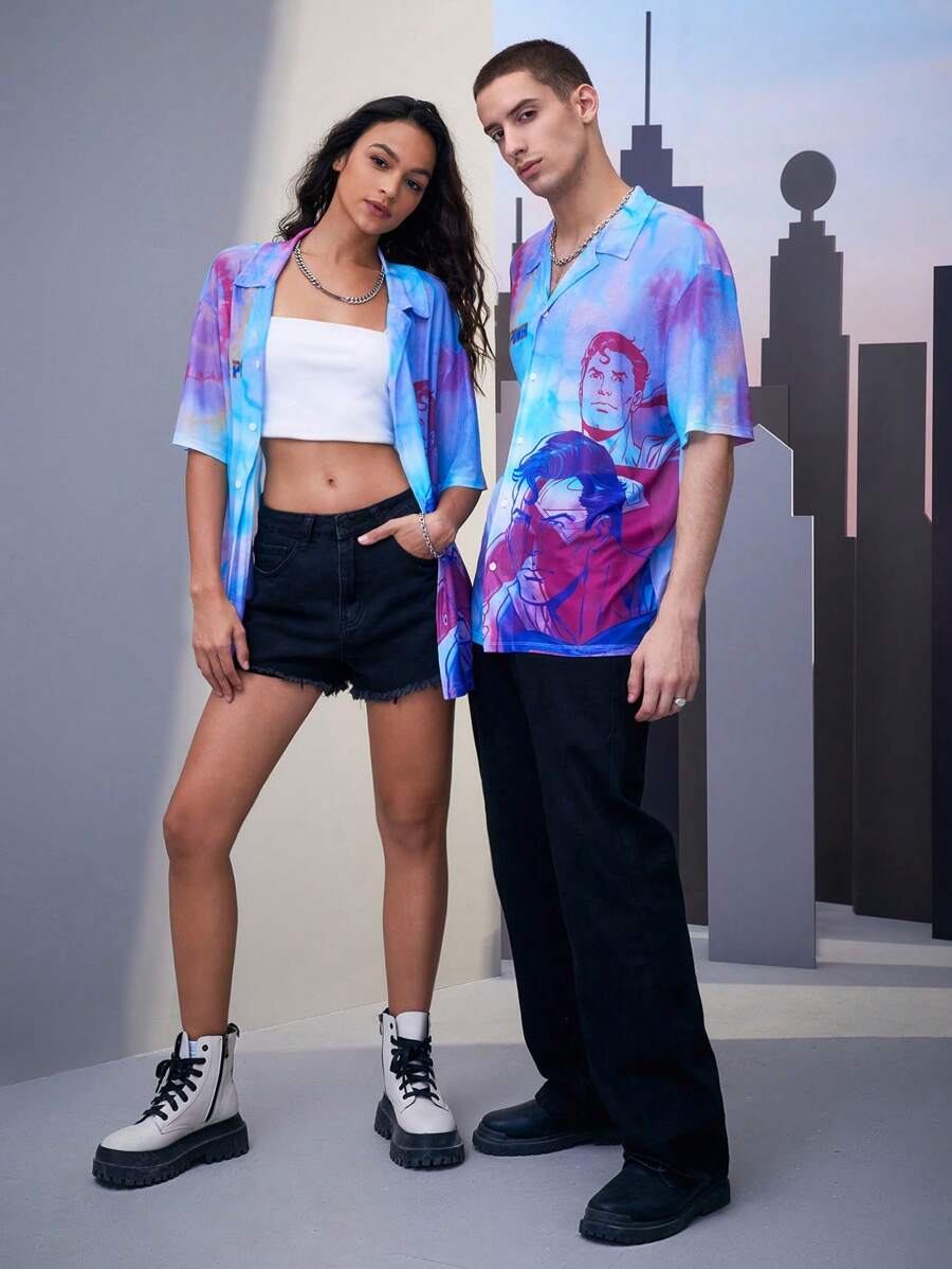 SUPERMAN X SHEIN Unisex 1pc Tie Dye Figure Graphic Drop Shoulder Mesh ...