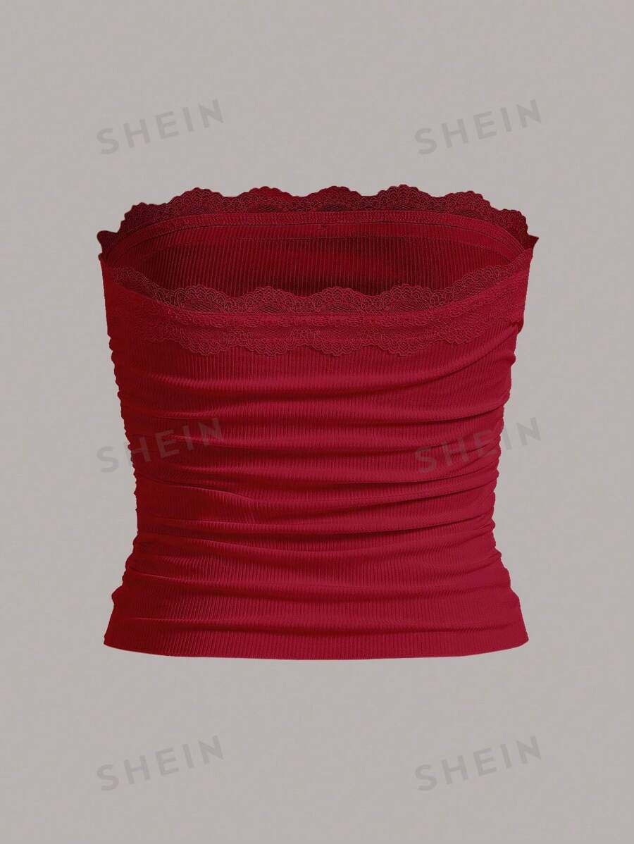 SHEIN EZwear Contrast Lace Ruched Red Tube Top | SHEIN UK