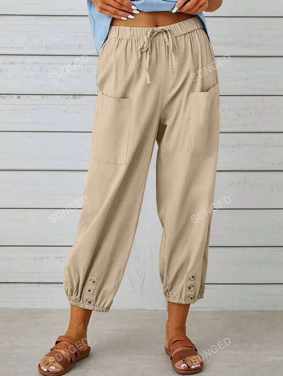 Button Detail Drawstring Waist Pants | SHEIN USA