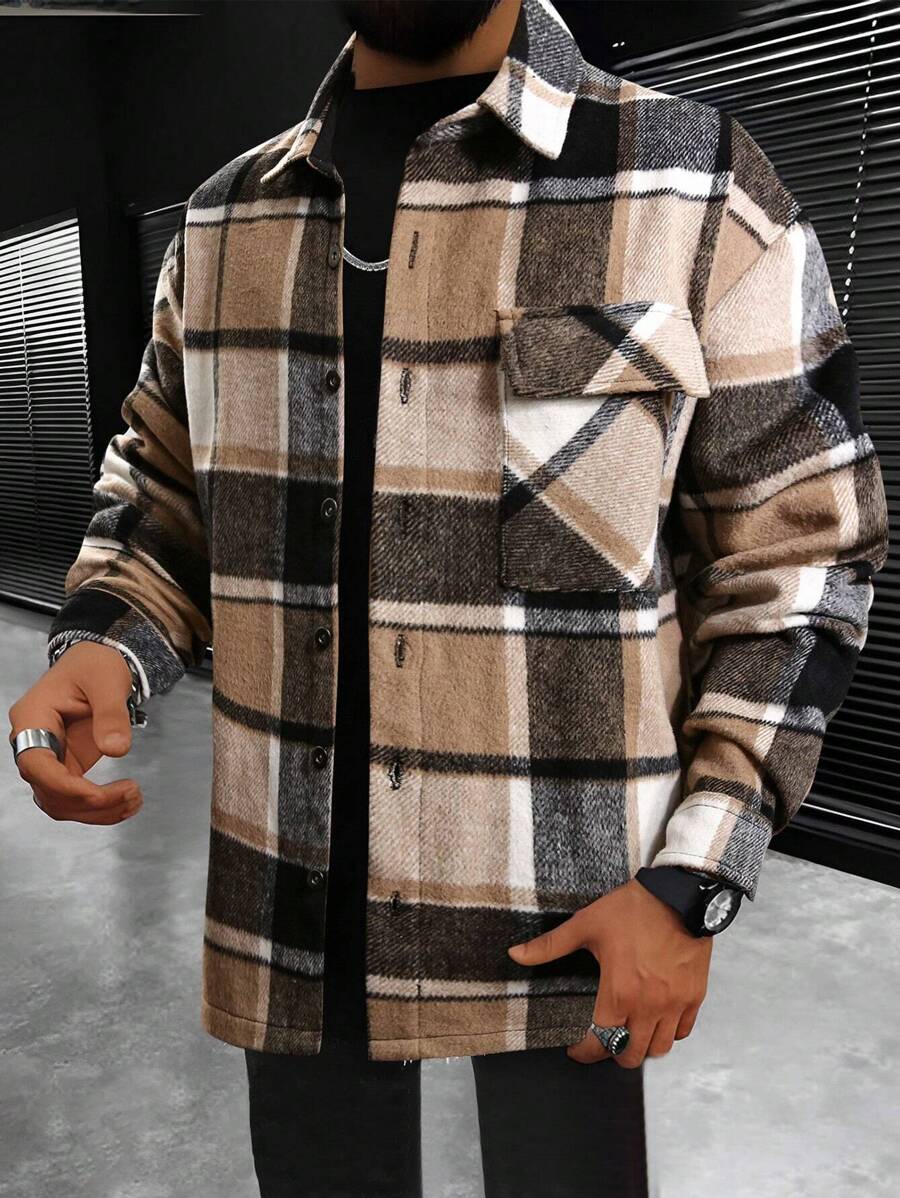Manfinity Homme Loose Fit Men's Plaid Printed Jacket With Flap Pockets And Drop Shoulders, Going ...