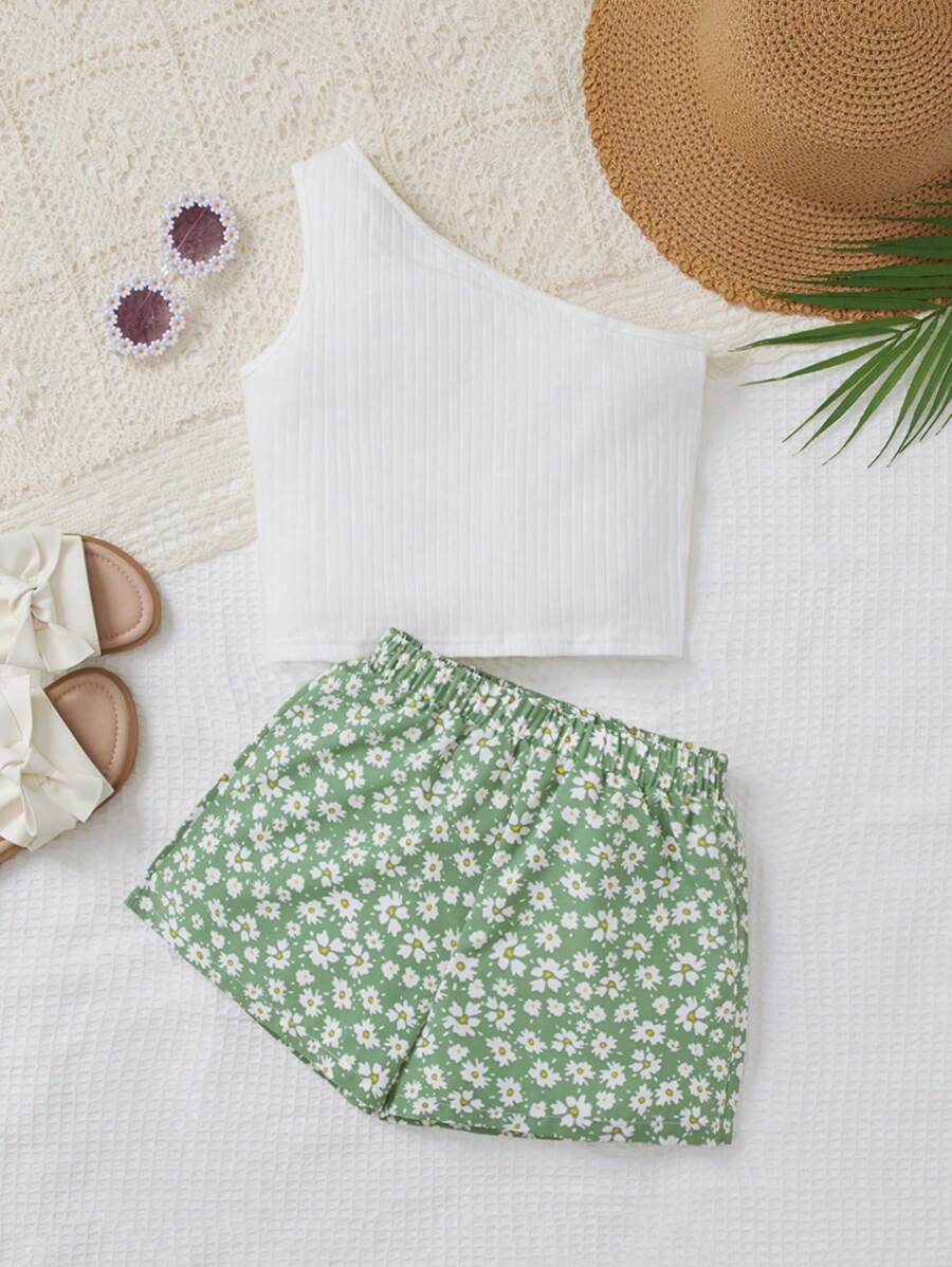 SHEIN Tween Girl One Shoulder Top & Daisy Floral Print Shorts | SHEIN UK