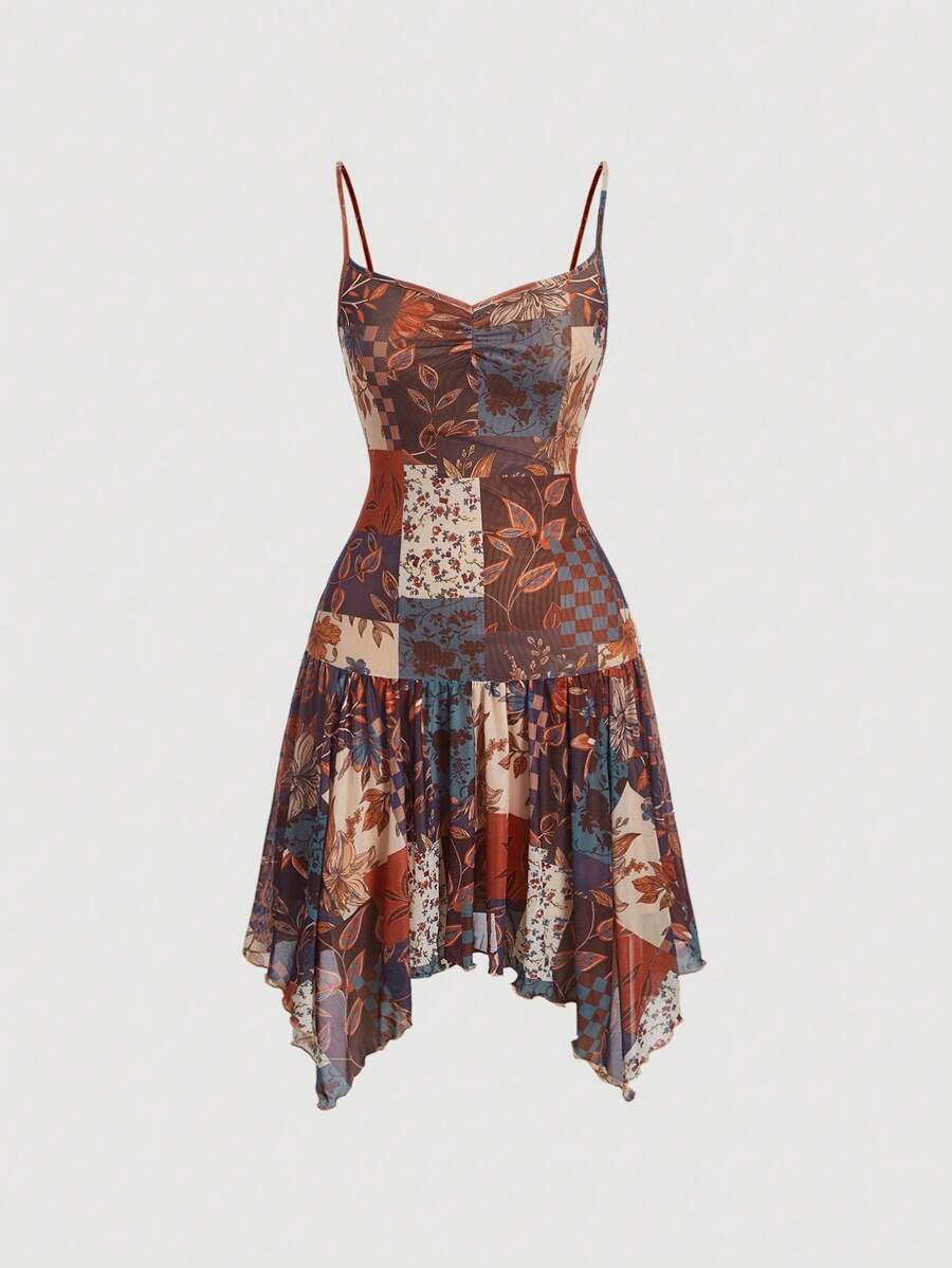 SHEIN MOD Patchwork Print Ruched Hanky Hem Cami Dress | SHEIN USA