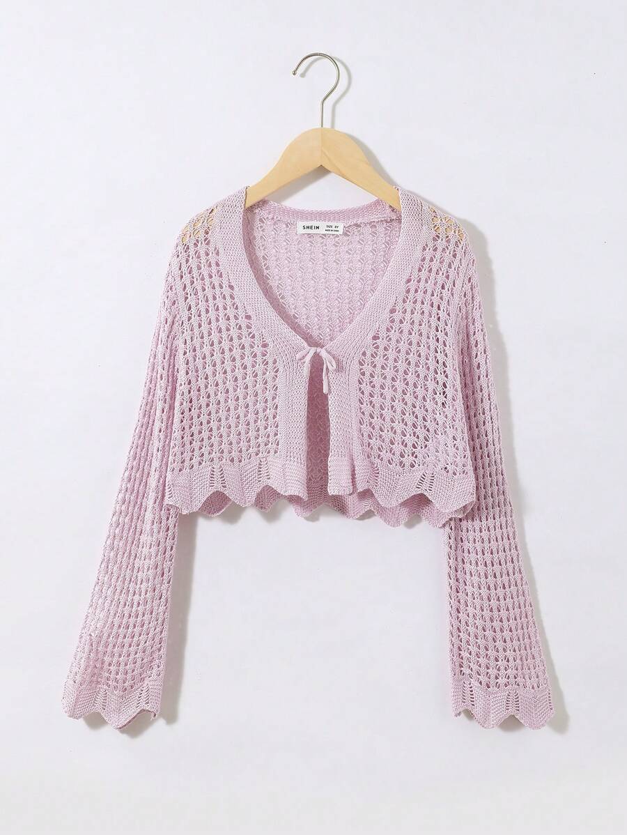 SHEIN Tween Girl Tie Front Scallop Trim Cardigan | SHEIN USA