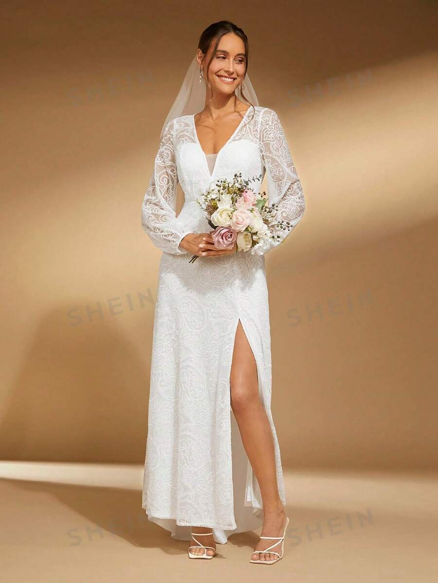 SHEIN Belle Deep V Neck Split Thigh Lace Wedding Dress Without Veil ...