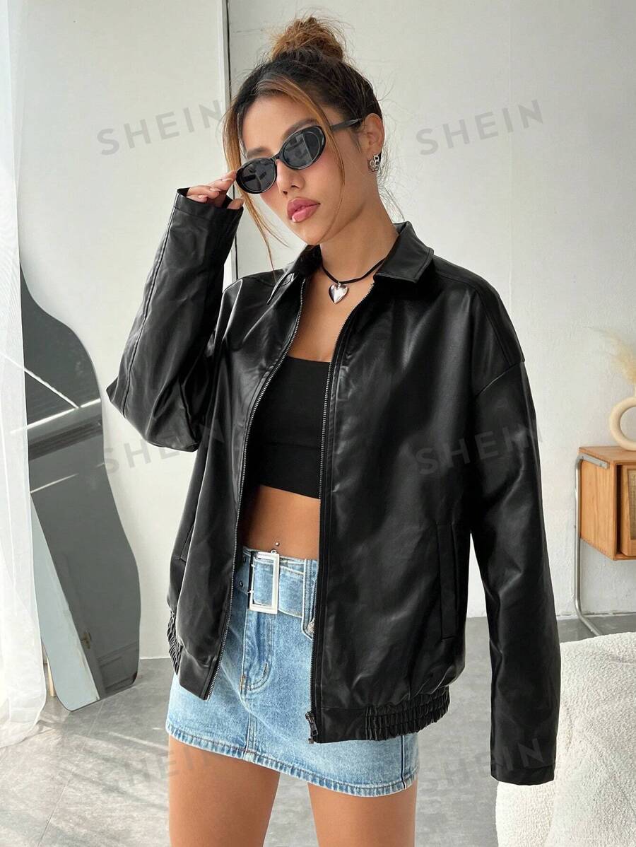 SHEIN X Virginia & ZeFelipe Casual And Stylish Zippered Off-Shoulder PU ...