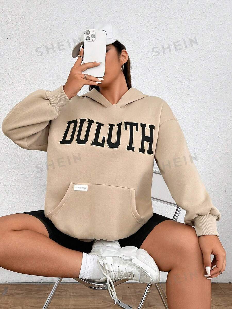 Shein Ezwear Plus Letter Graphic Kangaroo Pocket Drop Shoulder Hoodie