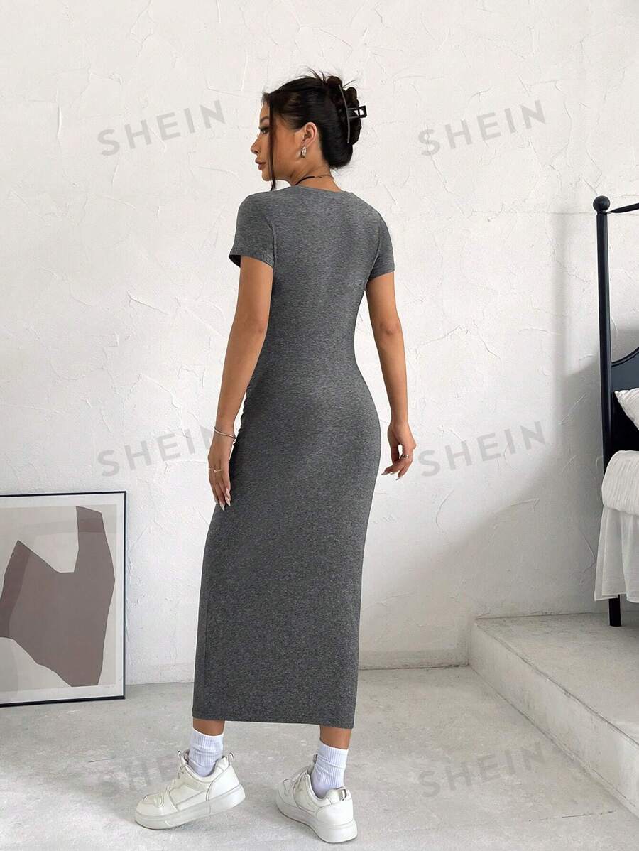 SHEIN EZwear Letter Embroidery Ruched Bodycon Dress | SHEIN USA