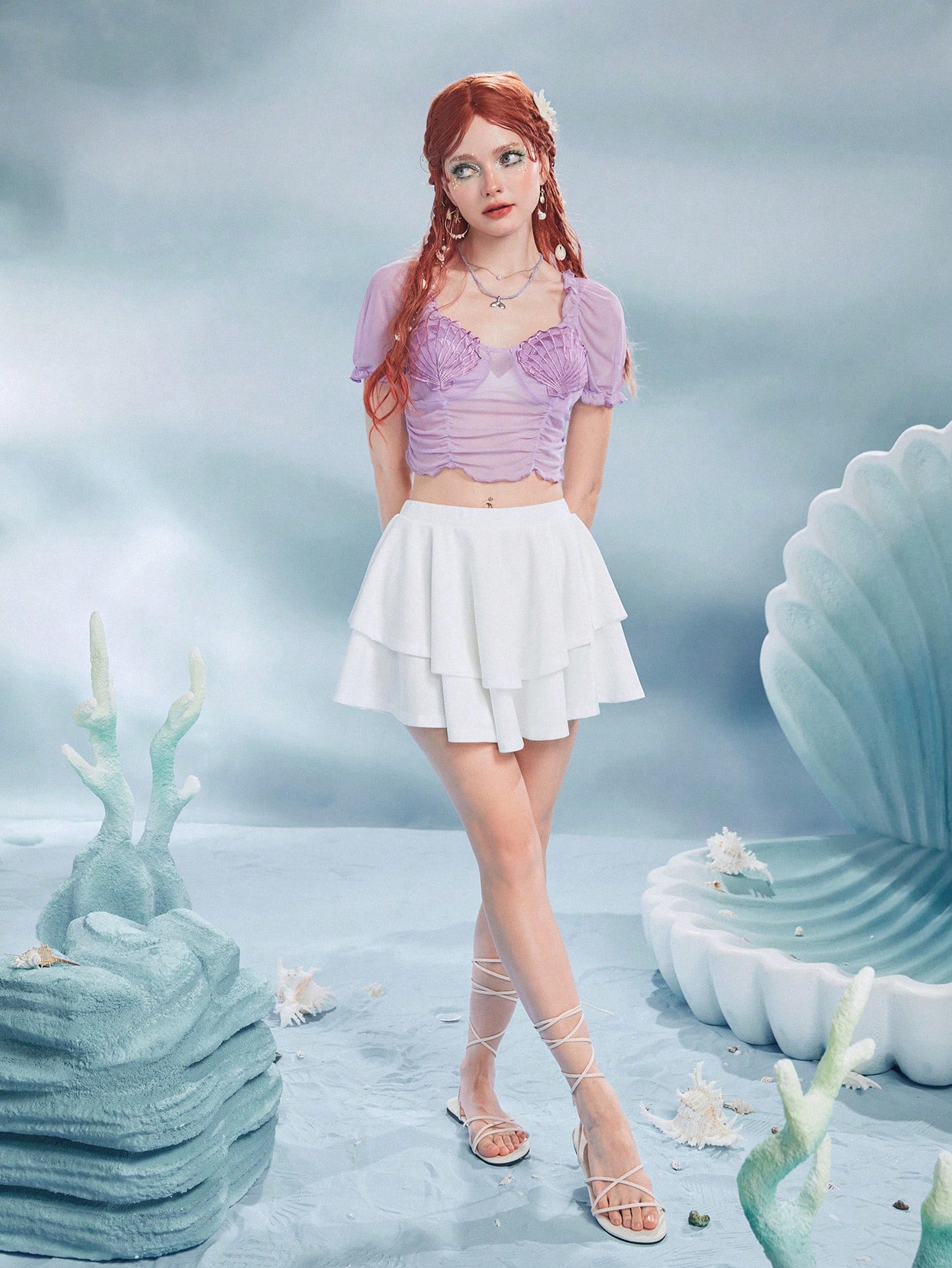 ROMWE Fairycore Mermaid Shell Appliques Ruched Bustier Crop Top | SHEIN USA